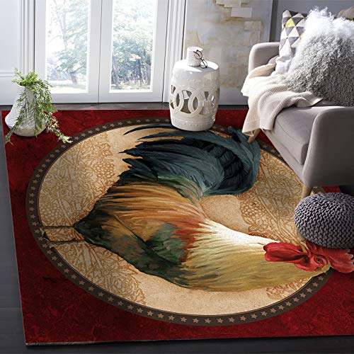 Rustic Rooster Marble Pattern Area Rug for Bed Room, 3' x 5' Indoor Accent Rugs Non-Skid Kitchen Runner, Farmhouse Red Round Bathroom Rugs Modern Floor Mats Washable Throw Carpet