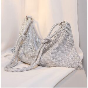 UMREN Rhinestone Hobo Bags for Women Chic Evening Handbag Sparkly Crystal Cluth Purse for Party Club Wedding Silver