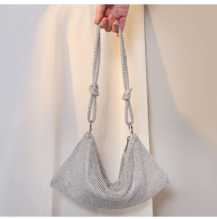 UMREN Rhinestone Hobo Bags for Women Chic Evening Handbag Sparkly Crystal Cluth Purse for Party Club Wedding Silver