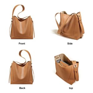 Leather Hobo Handbags for Women, Cowhide Leather Ladies Large Capacity Shoulder Bucket Purse and Handbags (Brown)