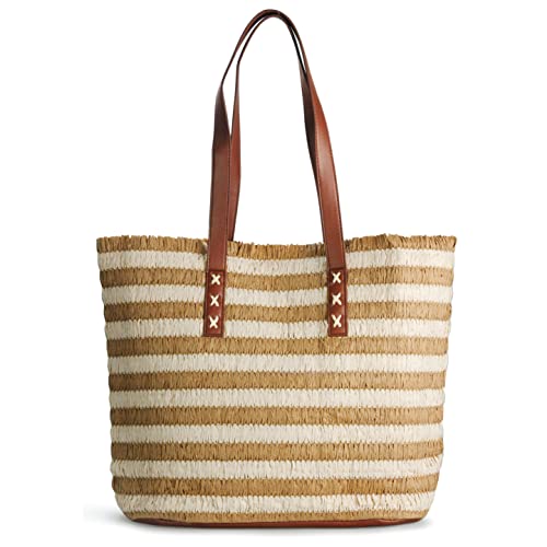 HOXIS Stripe Woven Straw Tote Women Beach Bag Vegan Shoulder Handbag (Brown)