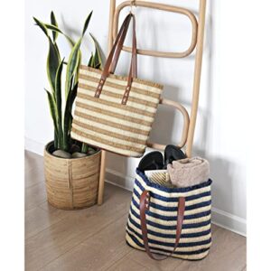 HOXIS Stripe Woven Straw Tote Women Beach Bag Vegan Shoulder Handbag (Brown)