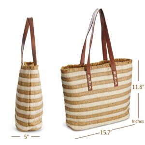 HOXIS Stripe Woven Straw Tote Women Beach Bag Vegan Shoulder Handbag (Brown)