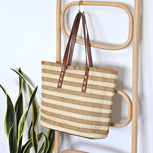 HOXIS Stripe Woven Straw Tote Women Beach Bag Vegan Shoulder Handbag (Brown)