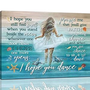 Beach Canvas Wall Art Ocean Coastal Shell Starfish White Dress Girl Wall Decor I Hope You Dance Pictures Painting Prints Coastal Theme Framed Artwork Decor for Bathroom Bedroom Living Room 12"x16"