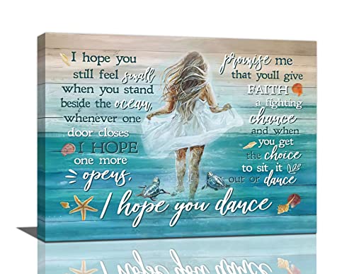 Beach Canvas Wall Art Ocean Coastal Shell Starfish White Dress Girl Wall Decor I Hope You Dance Pictures Painting Prints Coastal Theme Framed Artwork Decor for Bathroom Bedroom Living Room 12"x16"