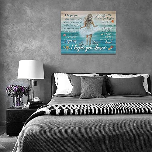 Beach Canvas Wall Art Ocean Coastal Shell Starfish White Dress Girl Wall Decor I Hope You Dance Pictures Painting Prints Coastal Theme Framed Artwork Decor for Bathroom Bedroom Living Room 12"x16"