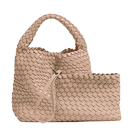 JINMANXUE 2 Pcs Handmade Woven Handbags For Women Shoulder Bag Female Fashion Beach Crossbody Purses Ladies Bucket Bag (Milk tea)