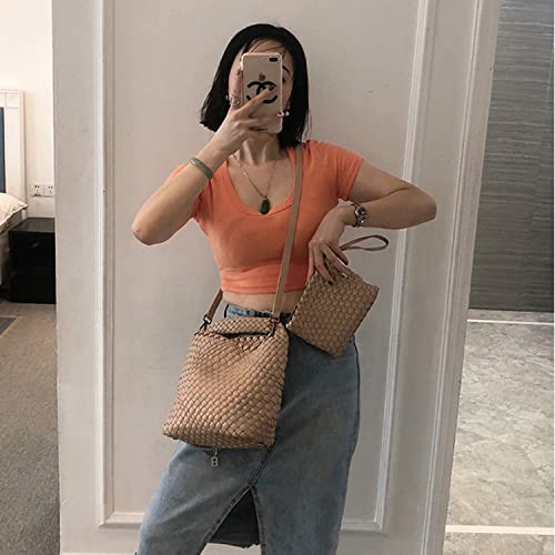 JINMANXUE 2 Pcs Handmade Woven Handbags For Women Shoulder Bag Female Fashion Beach Crossbody Purses Ladies Bucket Bag (Milk tea)