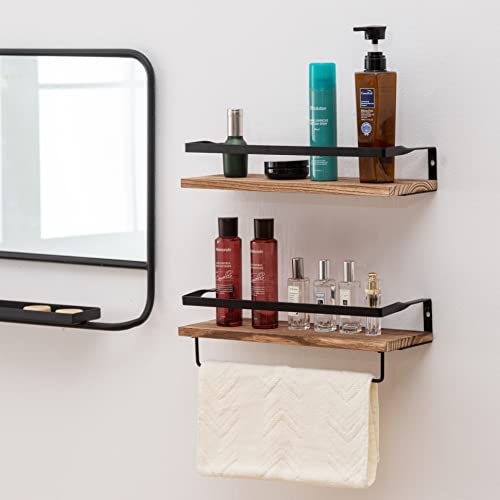 HOUSENLuxury Floating Shelves Bathroom Shelves with Towel Bar Set of 2, Wall Mounted Storage Shelves with Wood for Kitchen, Bedroom, Living Room,Office (Wood)