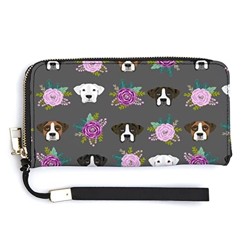 Boxer Dogs And Flower Women's Travel Wallet Zip Around Wristlet Purse Clutch Phone Handbag