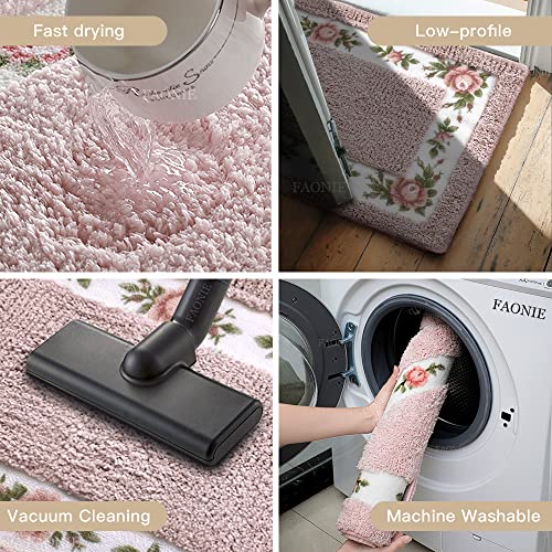 FAONIE Pretty Floral Rural Style Romantic Rose Flower Rug Shaggy Area Rugs Soft Non-Slip Doormat Floor Mat Bath Mat Bathroom Shower Rug Bedroom Living Room Carpet (Nice Pink, M)