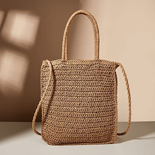 QTKJ Straw Bag, Summer Beach Bag, Hand-Woven Women Hand Bag, Jiugongge Flower Style Retro Rattan Bag Shoulder Bag Crossbody Bag（Khaki）