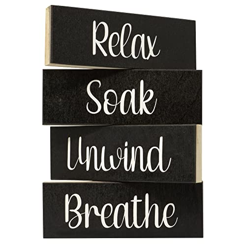 JennyGems Relax Soak Unwind Breathe Wooden Block Signs, Farmhouse Wood Sign Set, Black and White Bathroom Decor, Made in USA