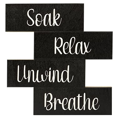 JennyGems Relax Soak Unwind Breathe Wooden Block Signs, Farmhouse Wood Sign Set, Black and White Bathroom Decor, Made in USA