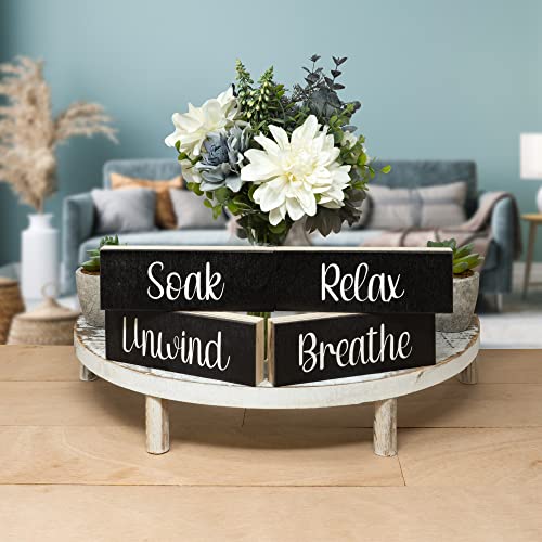 JennyGems Relax Soak Unwind Breathe Wooden Block Signs, Farmhouse Wood Sign Set, Black and White Bathroom Decor, Made in USA