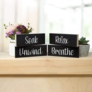 JennyGems Relax Soak Unwind Breathe Wooden Block Signs, Farmhouse Wood Sign Set, Black and White Bathroom Decor, Made in USA