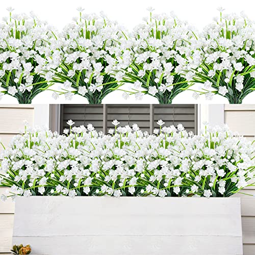 AmyHomie 20 Bundles Artificial Flowers Outdoor UV Resistant Faux Flowers No Fade Fake Plastic Plants Garden Porch Window Box Decorating (Pure White)