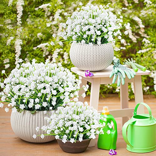 AmyHomie 20 Bundles Artificial Flowers Outdoor UV Resistant Faux Flowers No Fade Fake Plastic Plants Garden Porch Window Box Decorating (Pure White)