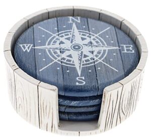 compass rose coaster set – nautical ocean beach boat coastal decor – rustic weathered blue / white finish