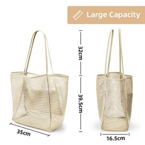 KALIDI Beach Mesh Tote Bag, Casual Tote Bag Hobo Women Foldable MAX 23L Shoulder Bag For Beach Picnic Vacation