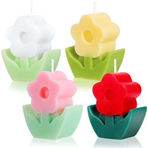 4 PCS Flower Shaped Candles,Cute Candles Aesthetic Candle,Smokeless Scented Candles,Delicate Decorative Candle for Home Decor,Flower Candle Gift for Wedding,Birthday Party,Spa (White,Yellow,Pink,Red)