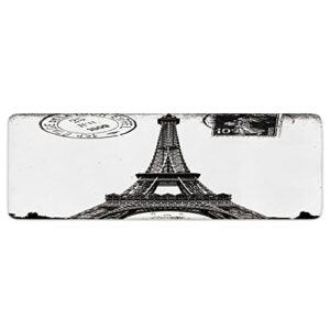 kitchen rug eiffel tower vintage stamp city scape,non slip door mat absorbent front carpet black and white art,soft floor mats for bathroom living room hallway decor 20x63in