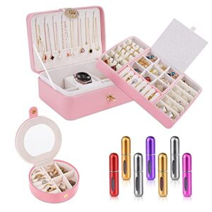 kioten – 2 pack jewelry box, travel jewelry box built-mirror, with 1psc random color perfume atomizer, girls and women jewelry box, adjustable compartment, pink