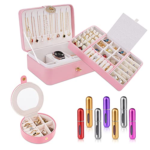 Kioten - 2 Pack Jewelry Box, Travel Jewelry Box Built-Mirror, With 1psc Random Color Perfume Atomizer, Girls And Women Jewelry Box, Adjustable Compartment, Pink