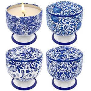 4 pack scented candles, 4oz soy wax portable tin candle with blue and white pattern, candle gift set for christmas thanksgiving and housewarming