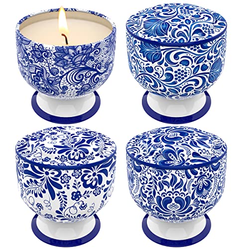 4 Pack Scented Candles, 4oz Soy Wax Portable Tin Candle with Blue and White Pattern, Candle Gift Set for Christmas Thanksgiving and Housewarming