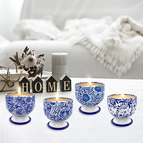 4 Pack Scented Candles, 4oz Soy Wax Portable Tin Candle with Blue and White Pattern, Candle Gift Set for Christmas Thanksgiving and Housewarming