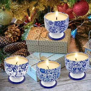 4 Pack Scented Candles, 4oz Soy Wax Portable Tin Candle with Blue and White Pattern, Candle Gift Set for Christmas Thanksgiving and Housewarming