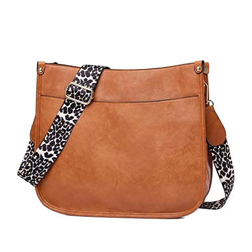 Baolab Leopard Strap Crossbody Shoulder Bag for Women Ladies Causal Satchel Hobo Bag Messenger Bag Vegan PU Leather (Brown)