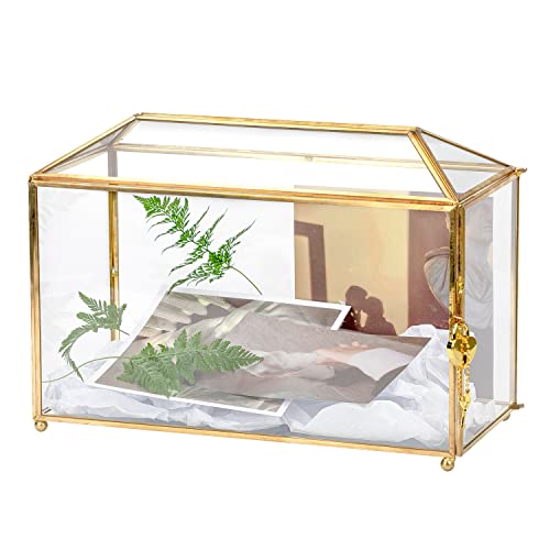 ELAINESTORE Wedding Card Box with Lock for Reception, Clear Gold Card Box, Graduation Card Box, 12.6 x 5.9 x 9 Large Card Gift Box for Party, House Shape Geometric Terrarium Box