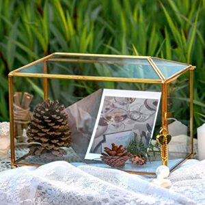 ELAINESTORE Wedding Card Box with Lock for Reception, Clear Gold Card Box, Graduation Card Box, 12.6 x 5.9 x 9 Large Card Gift Box for Party, House Shape Geometric Terrarium Box