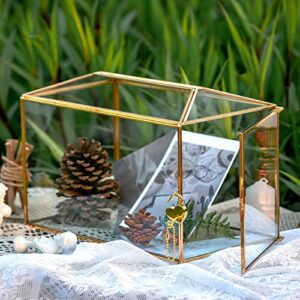 ELAINESTORE Wedding Card Box with Lock for Reception, Clear Gold Card Box, Graduation Card Box, 12.6 x 5.9 x 9 Large Card Gift Box for Party, House Shape Geometric Terrarium Box