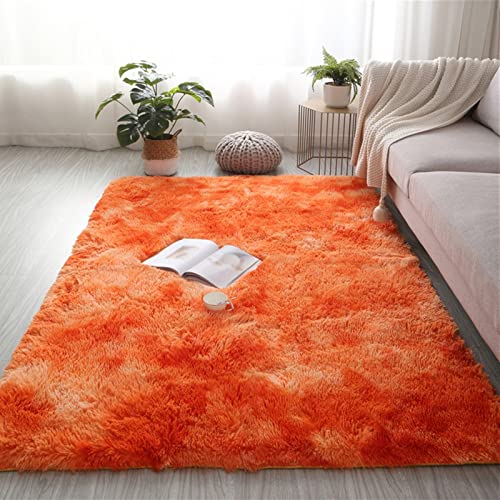 Lifup Soft Fluffy Modern Fuzzy Abstract Area Rug, Cozy Plush Rectangle Rug Shaggy Carpet for Living Room Bedroom Home Décor Tie Dye Orange 2.6 x 3.9 Feet