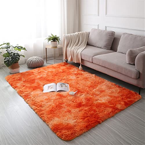 Lifup Soft Fluffy Modern Fuzzy Abstract Area Rug, Cozy Plush Rectangle Rug Shaggy Carpet for Living Room Bedroom Home Décor Tie Dye Orange 2.6 x 3.9 Feet