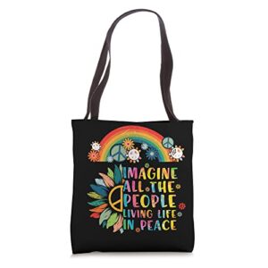 imagine all people living peace sign tie dye hippy retro 70s tote bag