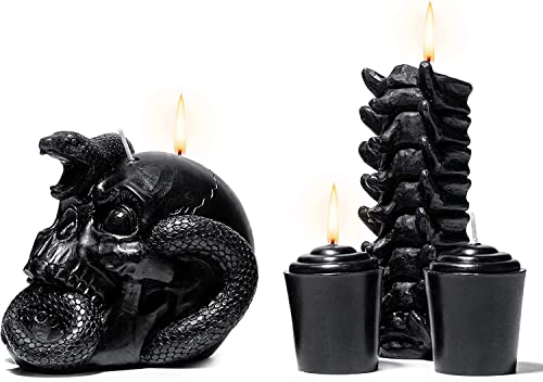 Skull Candles 4 Pack - Skeleton Snake, Spine & Black Bones Candle, Skulls Candle, Magic Skulls Candlestick Spooky Gothic Emo Decor, Home & Bar Decoration - Large Creepy Satanic - by Gute