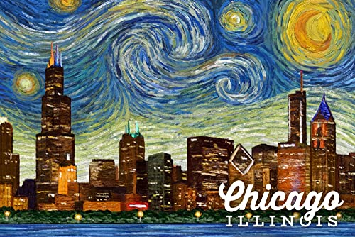 Chicago, Illinois, Starry Night (16x24 Gallery Quality Metal Art, Aluminum Decor)