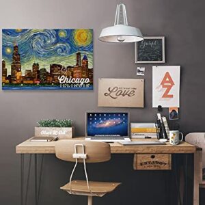 Chicago, Illinois, Starry Night (16x24 Gallery Quality Metal Art, Aluminum Decor)