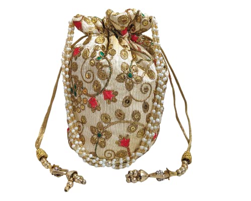 CRAFT BAZAAR Women Indian Potli Bag, Drawstring Bucket Bag With Pearls Wristlet For Weddings, Parties, Brides