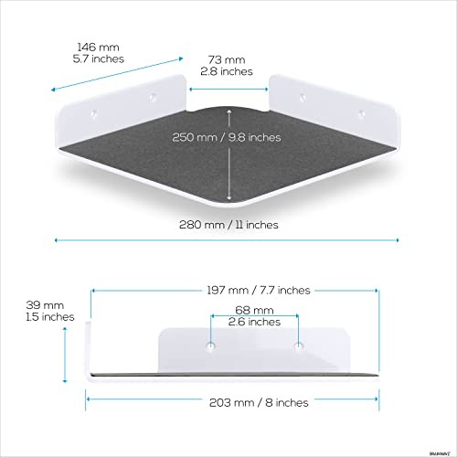 BRAINWAVZ 2-Pack 8” Corner Floating Shelf for Speakers, Books, Decor, Plants, Cameras, Photos, Kitchen, Bathroom, Routers & More Universal Small Holder Acrylic Wall Shelves (White)