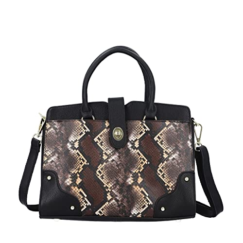 Shop LC Women Black & Brown Snake Skin Print Leather Convertible Tote Bag with Zipper Closure Detachable Strap Handbag