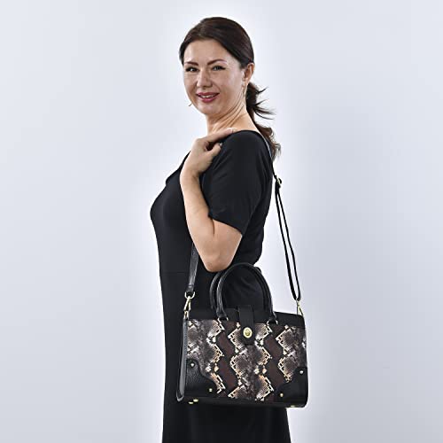 Shop LC Women Black & Brown Snake Skin Print Leather Convertible Tote Bag with Zipper Closure Detachable Strap Handbag