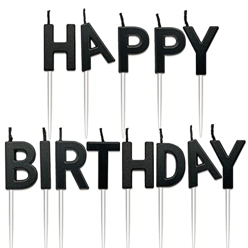 Happy Birthday Text Candles on Toothpicks 13 Alphabet Birthday Candles for Cake Topper Decoration B-Day Party Candle, Jumochi (1.18 inch, Black)