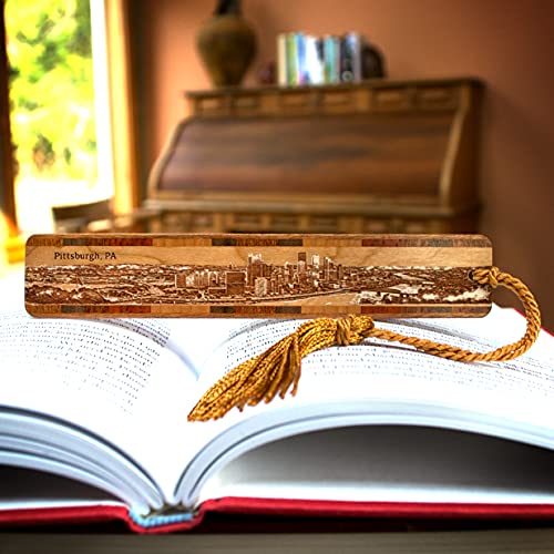 Pittsburgh, Pennsylvania Skyline - Engraved Wooden Bookmark with Tassel - Made in USA - Also Available Personalized