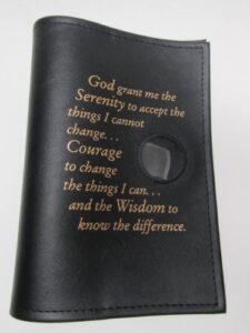 alcoholics anonymous aa big book cover serenity prayer & medallion holder black